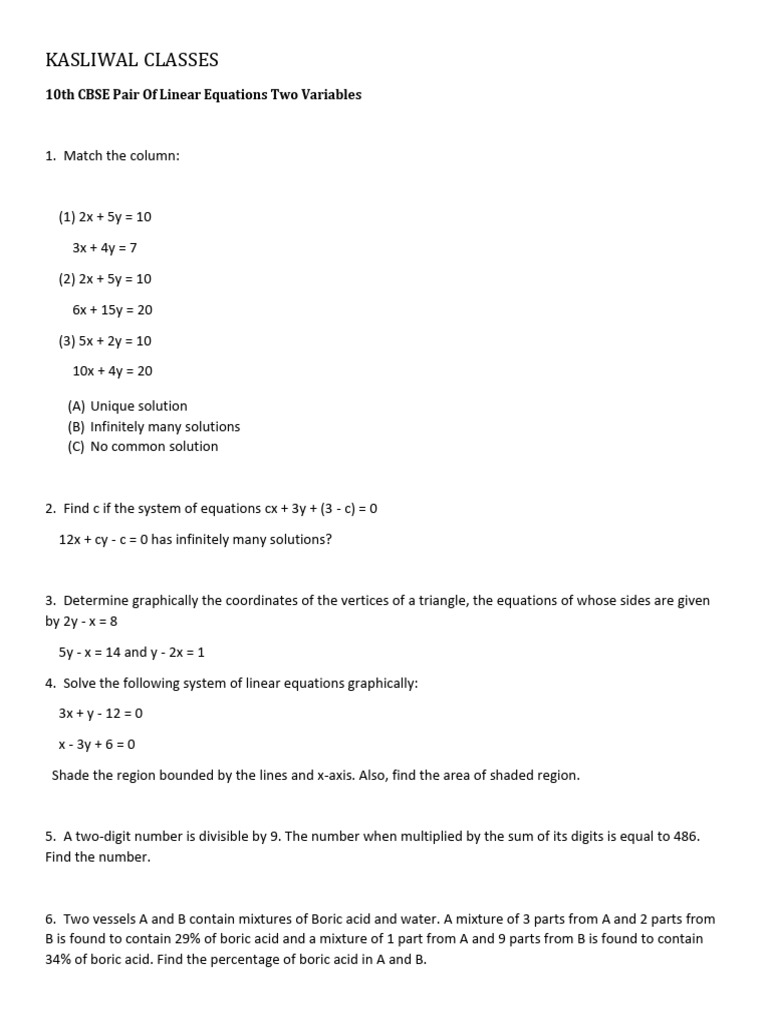 10th CBSE Pair of Linear Equations Two Variables-2 | PDF | Interest ...