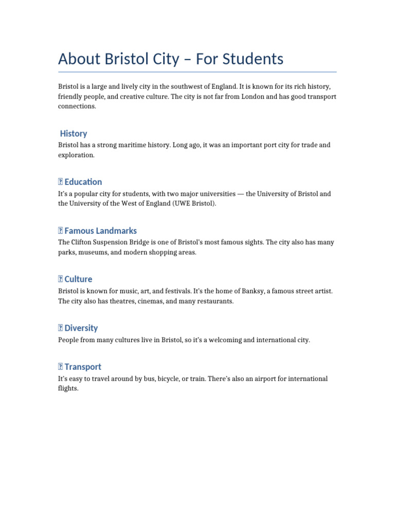 Bristol City Overview for Students | PDF