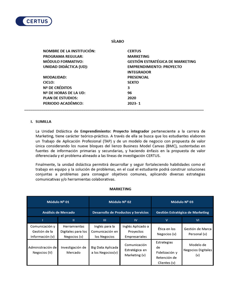 MKT Silabo Emprendimiento Proyecto Integrador VI Ciclo | PDF | Marketing | Iniciativa empresarial