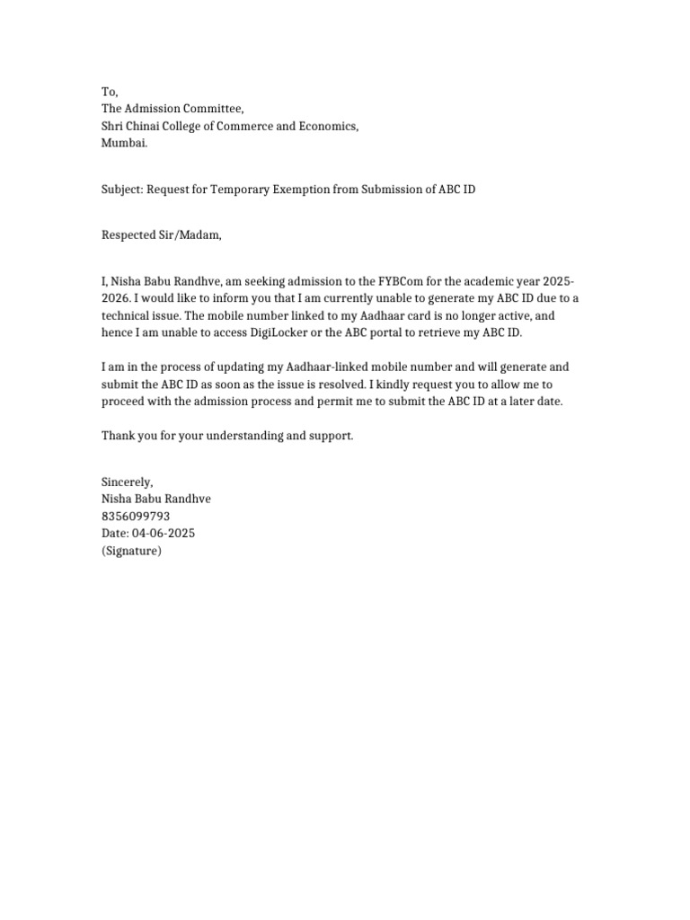 ABC ID Request Letter Nisha Babu Randhve | PDF