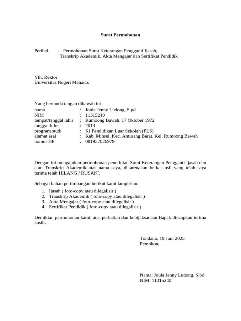 3a SURAT PERMOHONAN PENGGANTIAN IJASAH ATAU TRANSKRIP 1 | PDF