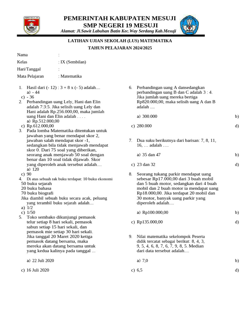 Latihan Ujian Sekolah Matematika Kelas 9 - Quizizz | PDF