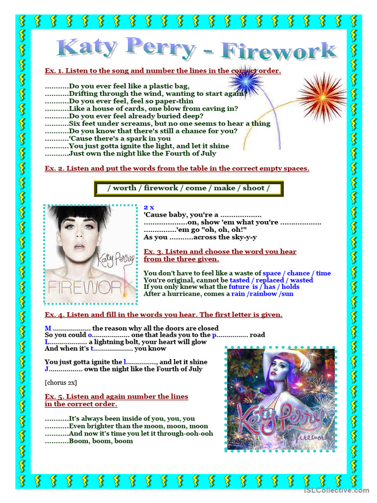 Song Worksheet - Katy Perry - Firework | PDF