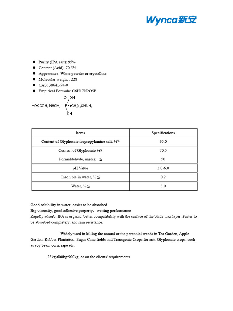 Glyphosate Isopropylamine (IPA) Salt 95% TC: Z Z Z Z Z Z | PDF