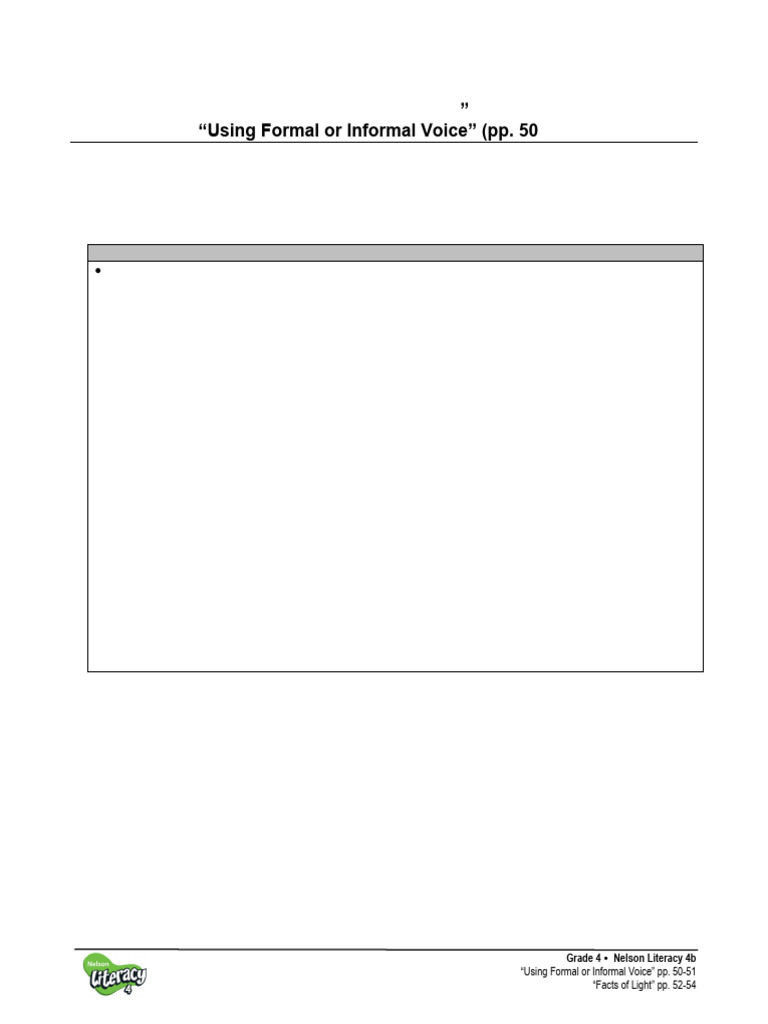 NL4b - Using Formal or Informal Voice (Pp. 50-51) & Facts of Light (Pp ...