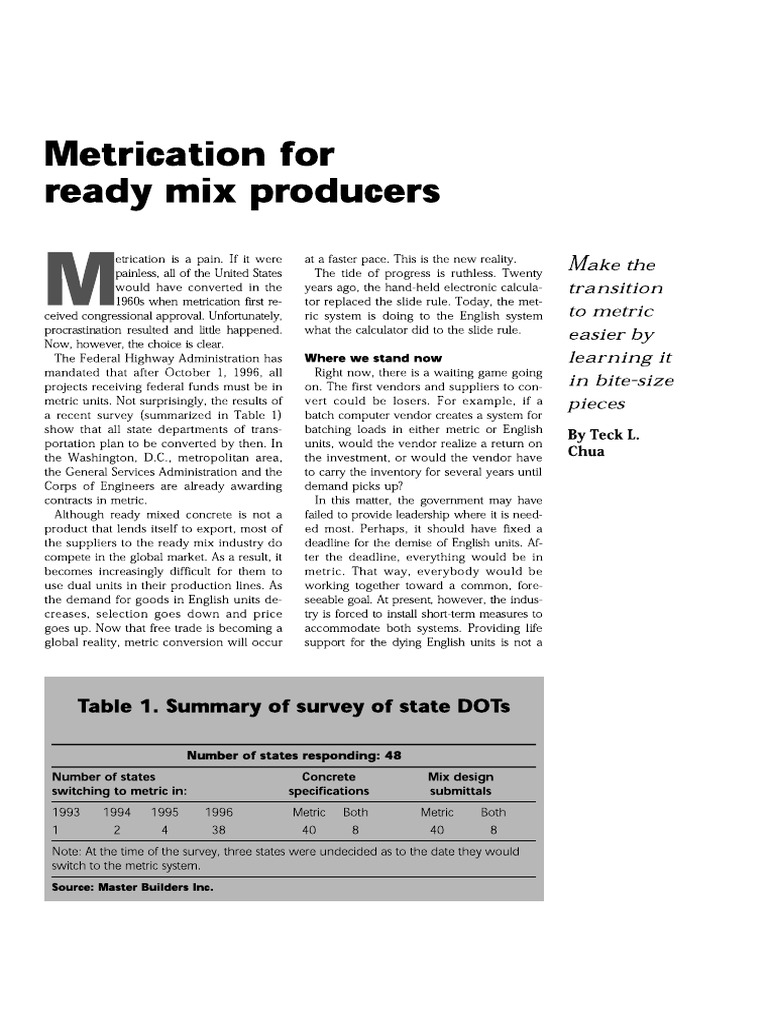 Metrication For Ready Mix Producers | PDF