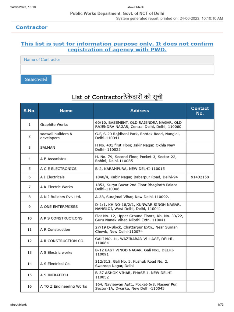 PWD Contractor List | PDF | Delhi