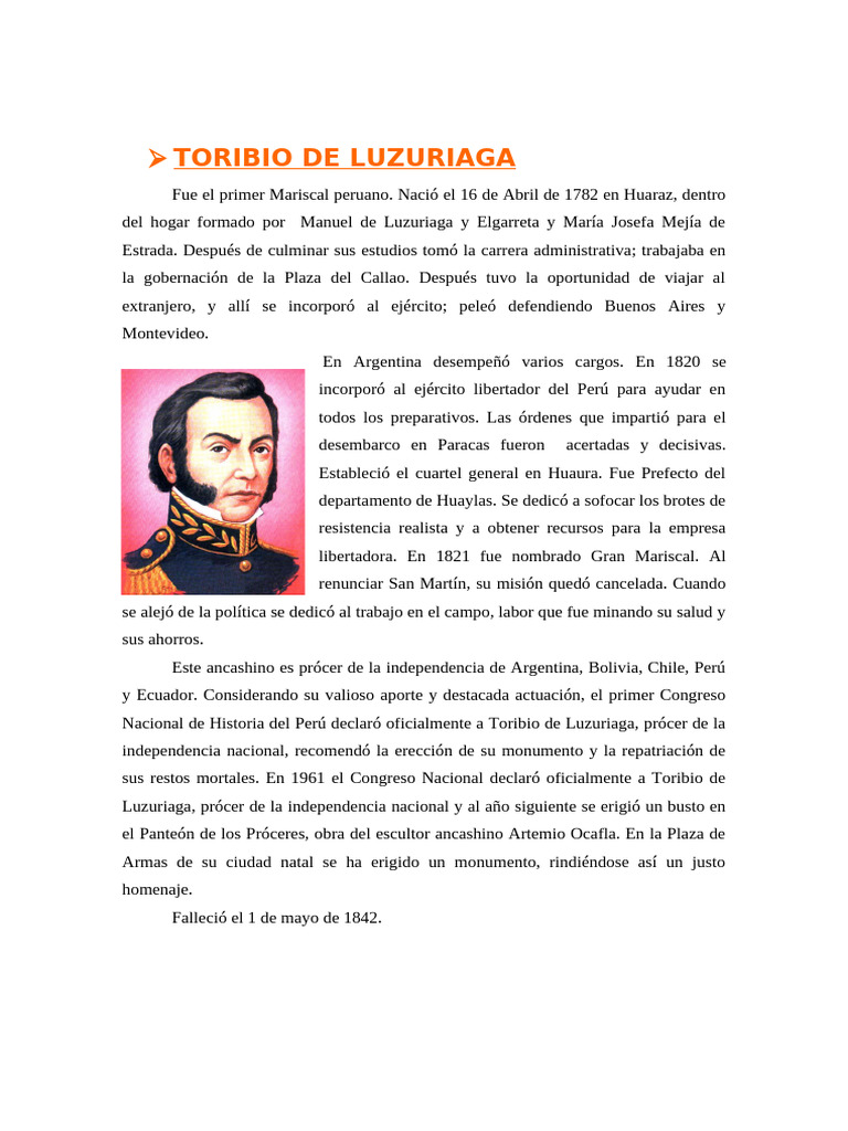 Toribio de Luzuriaga: Primer Mariscal Peruano | PDF