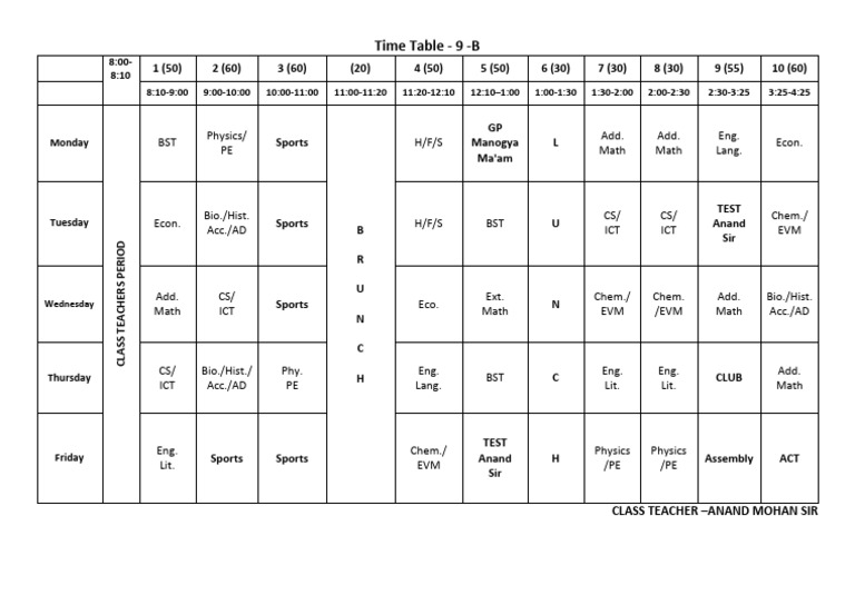 Grade - 9 B - Time Table 2025-26 | PDF