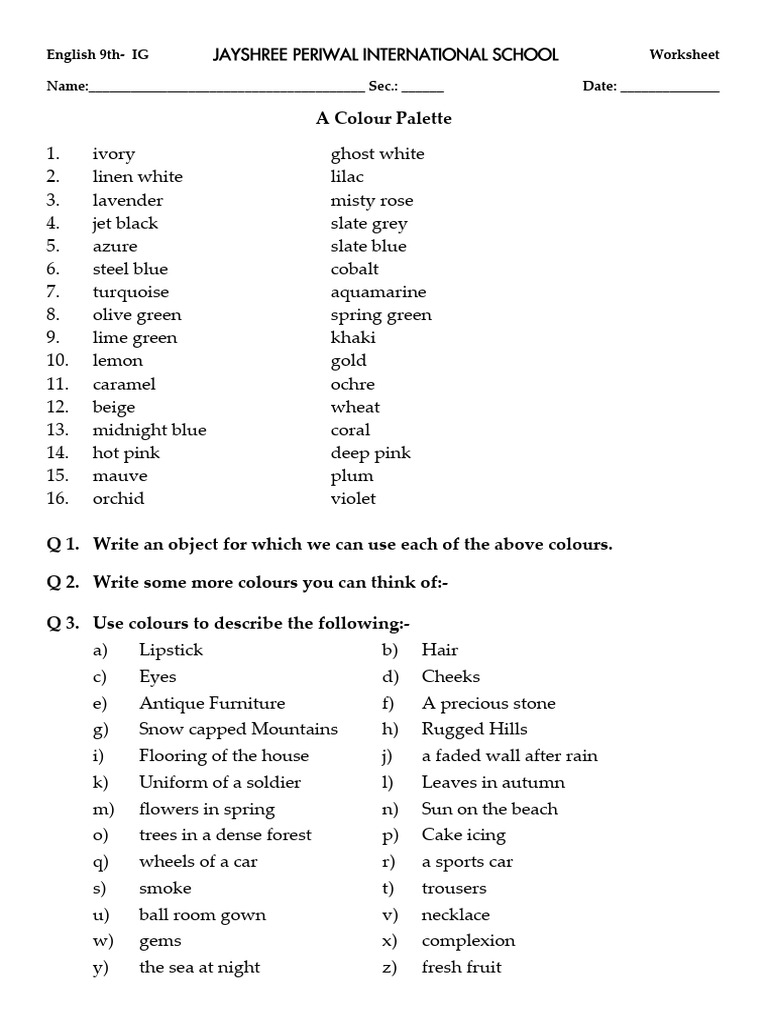 Grade 9th Eng. Lang Colour Palette Worksheet | PDF