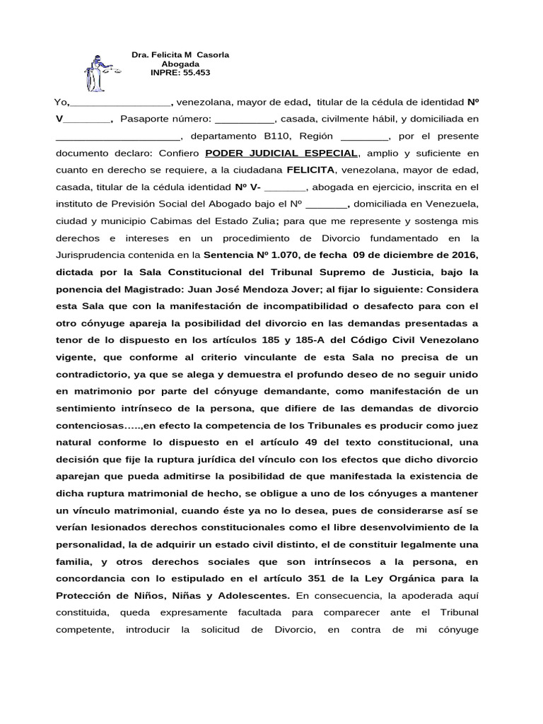 PODER ESPECIAL DIVORCIO 1.070 Dra. Marquez | PDF | Divorcio | Matrimonio