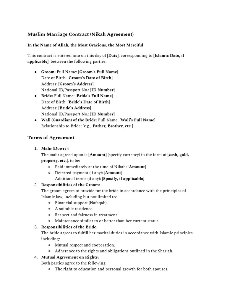 Nikah Contract Template | PDF | Marriage | Marriage, Unions And ...