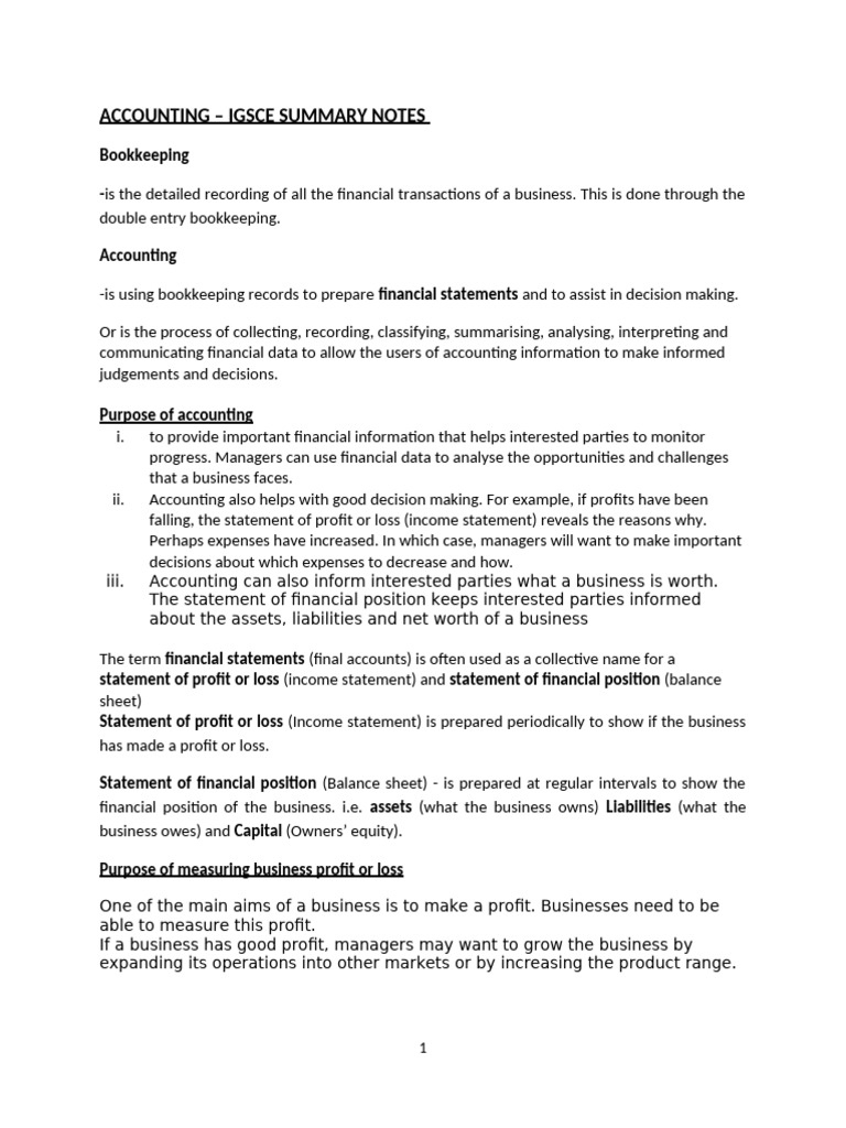Summary of Igcse Accounting Notes 2020 | PDF | Debits And Credits ...
