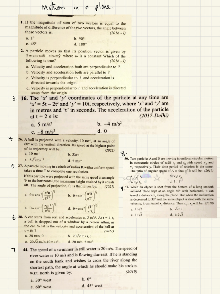 Motion in A Plane Numericals 1 | PDF