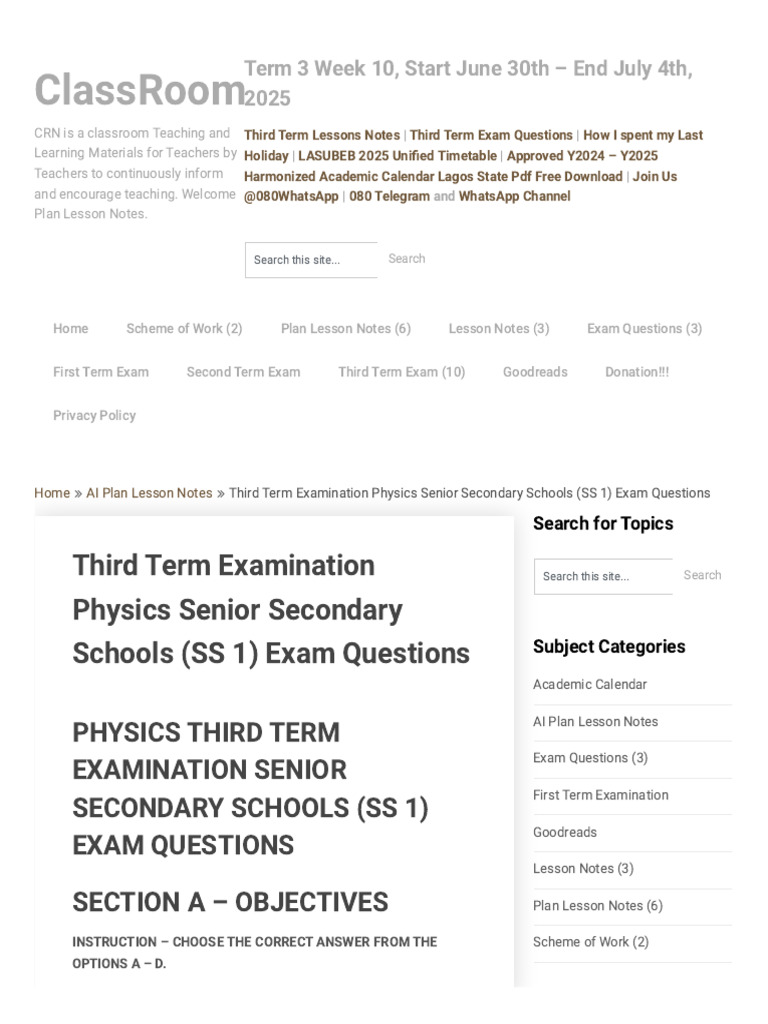 SS1 Physics Third Term Exam Questions | PDF | Liquids | Force