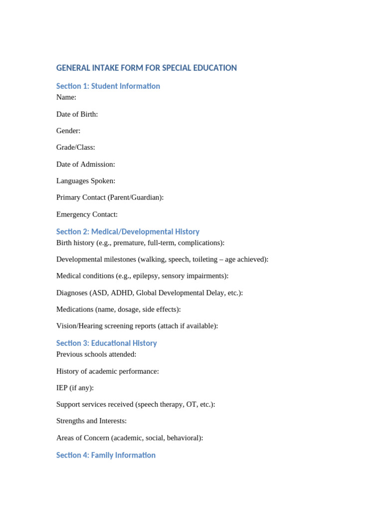 Special Education Intake Form | PDF