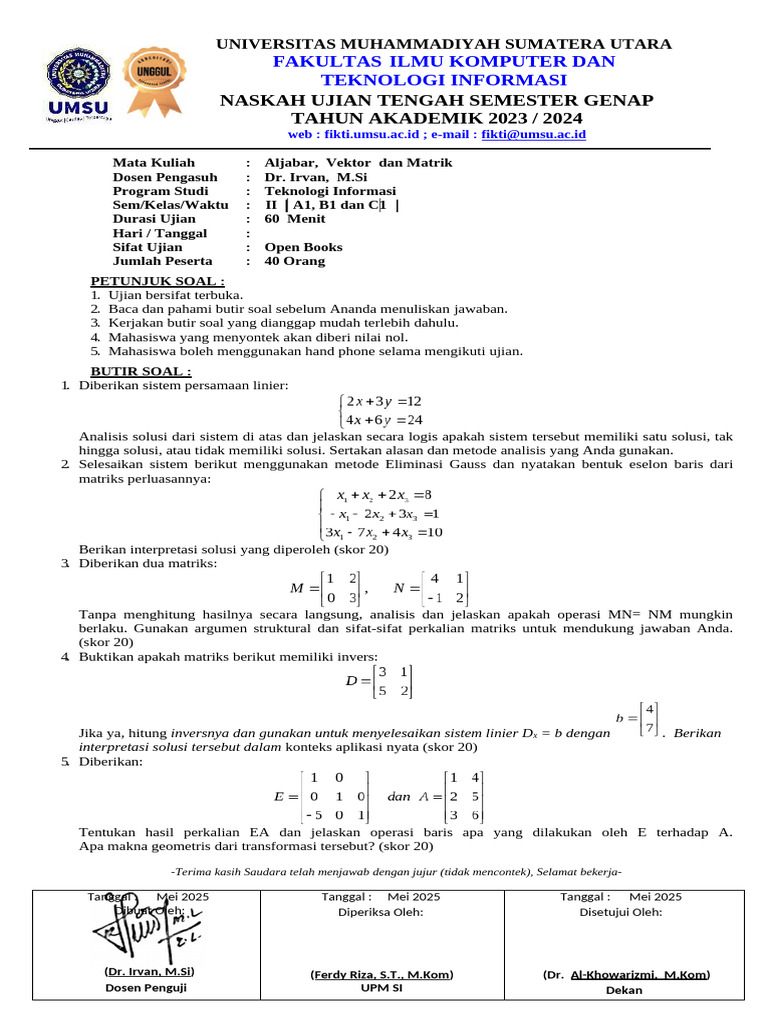 UTS Aljabar Vektor Dan Matriks | PDF