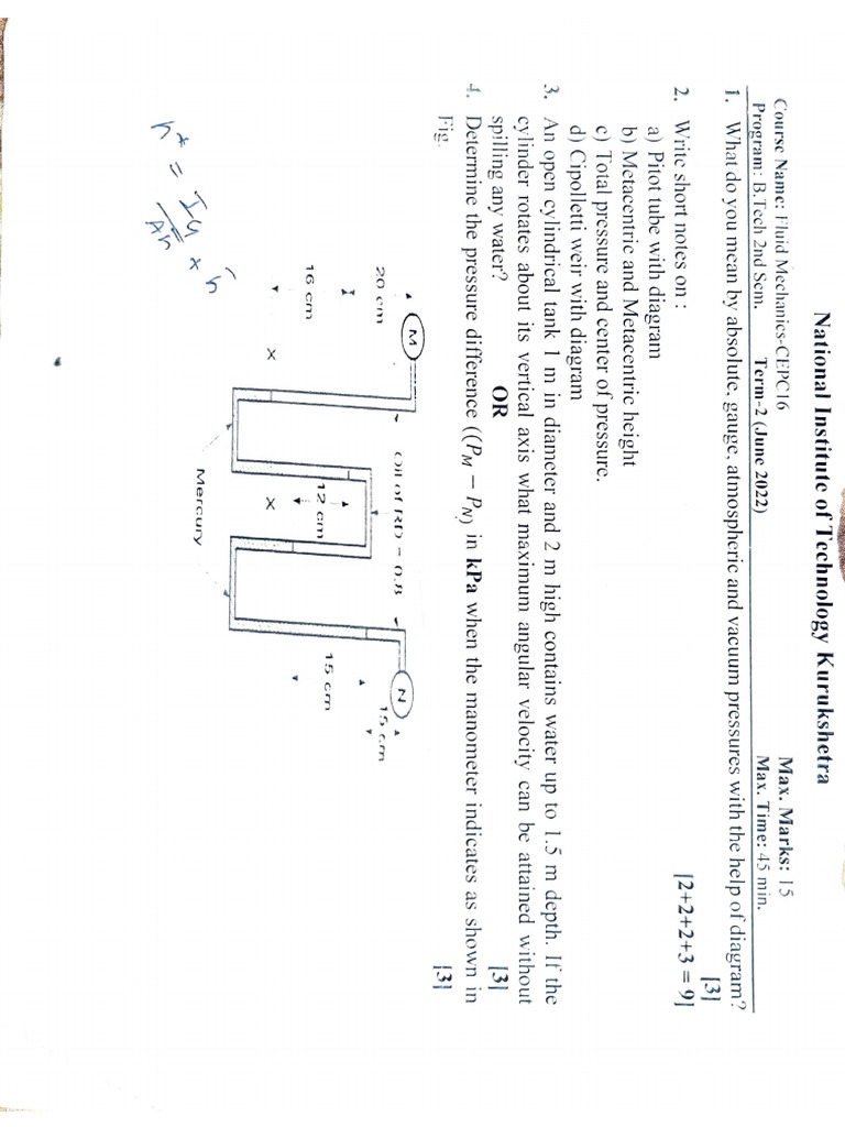 Fluid Mechanics Mid Term 2 2022 Fluid Mechanics | PDF