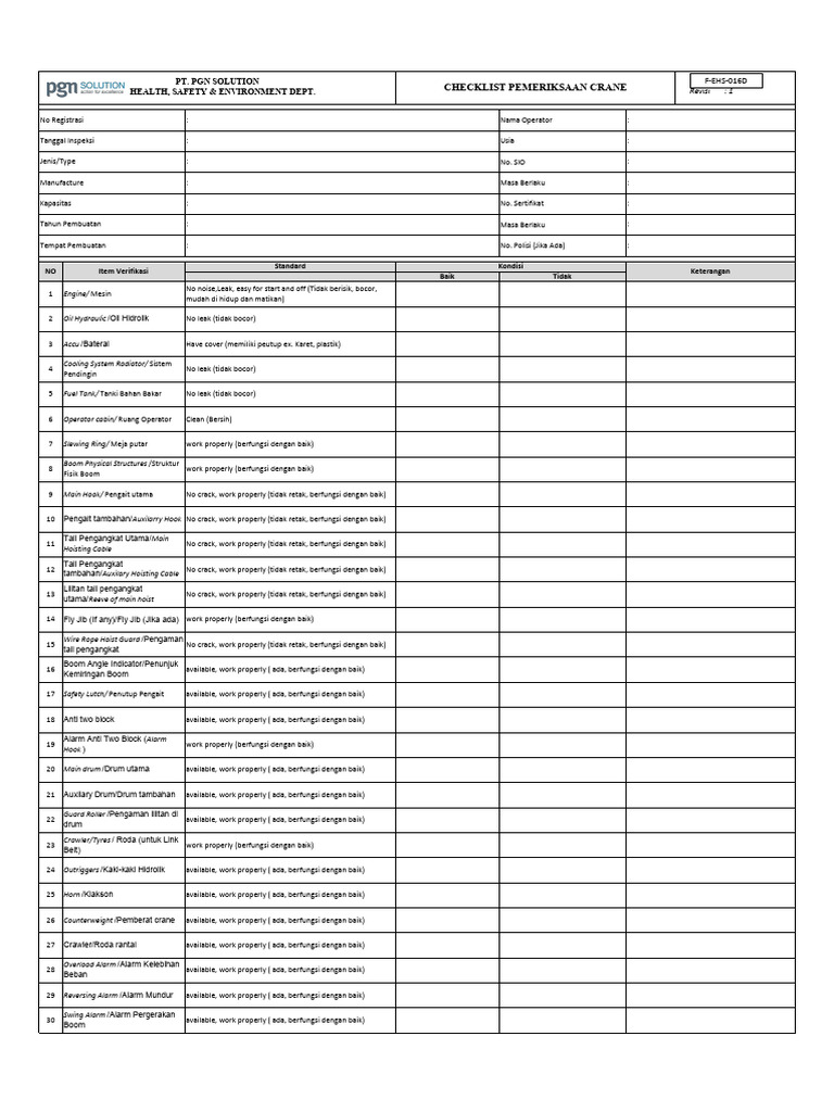 F-EHS-16D Checklist Pemeriksaan Crane | PDF