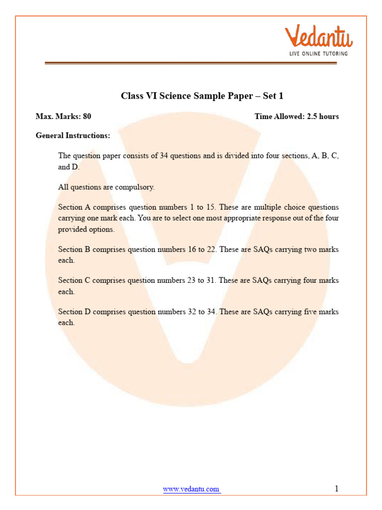 CBSE Class 6 Science Sample Paper Set 1 (2024-25) - FREE PDF Download | PDF | Spinning (Textiles ...