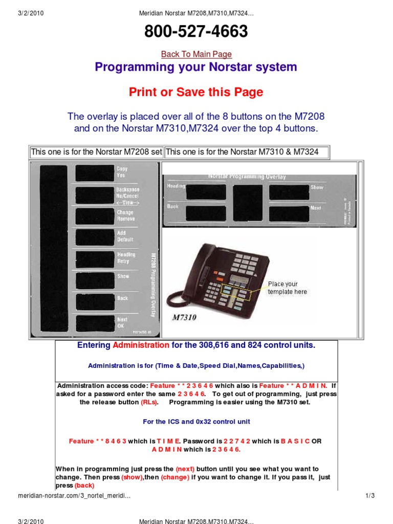 Meridian Norstar M7208,M7310,M7324 Programming,Phone Feature Codes ...