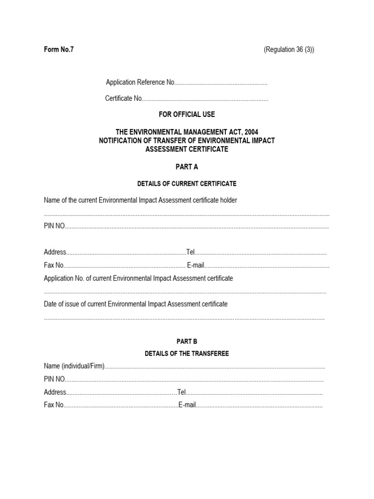 Transfer of EIA Certificate Form No. 7 | PDF | Environmental Impact ...