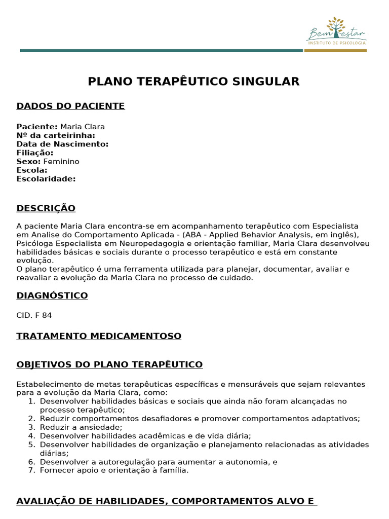 Plano Terapêutico Singular para Maria Clara | PDF | Comportamento ...