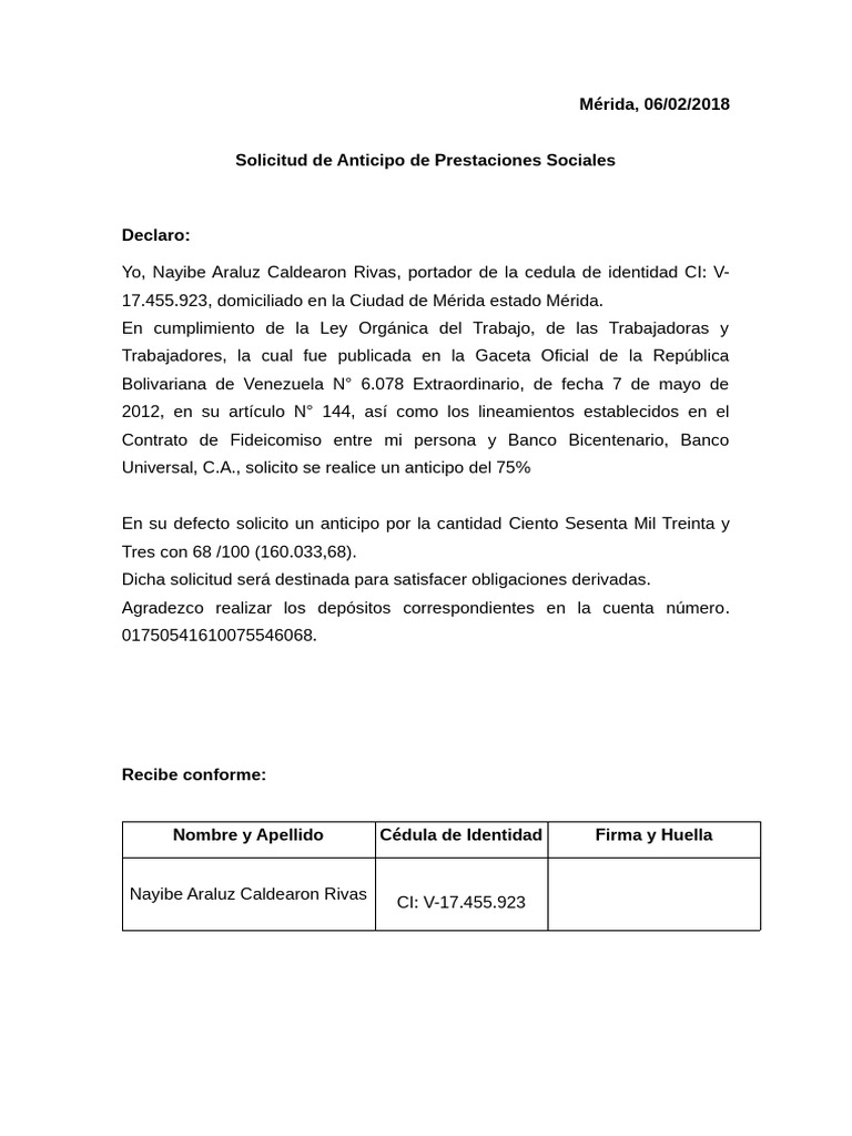 Carta Anticipo Nayibe | PDF