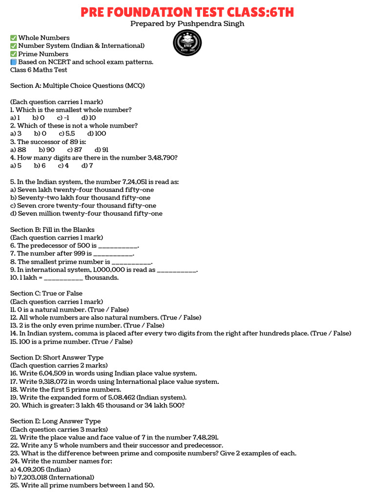 6th Maths Pre Foundation | PDF