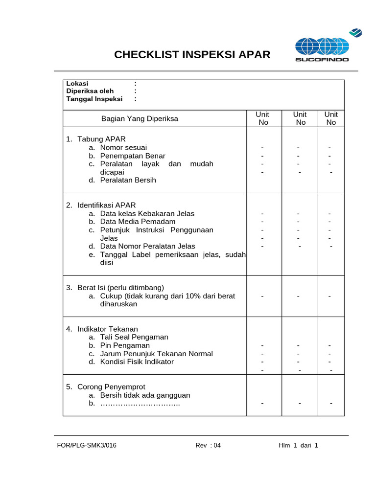 Form 016 - Checklist Inspeksi APAR Rev04 | PDF