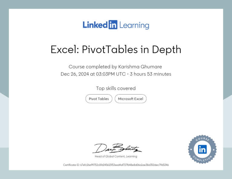 CertificateOfCompletion - Excel PivotTables in Depth | PDF