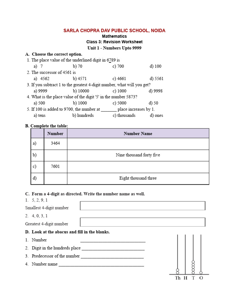 Class 3 - Units 1 and 2 - Revision Worksheets | PDF | Mathematics ...