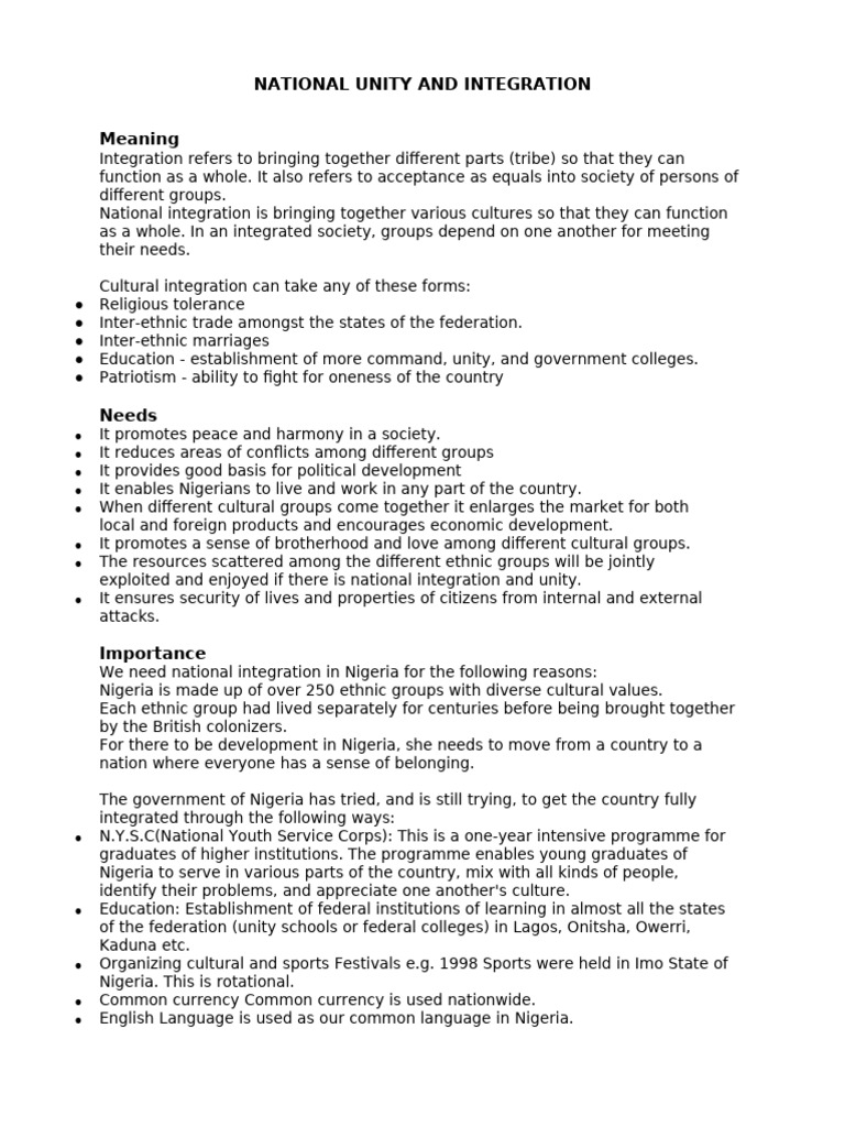 Js 1 WK 8 SS - National Unity and Integration Third Term | PDF ...