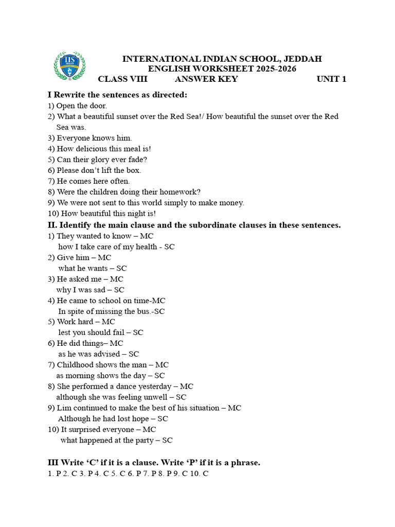 Grade 8 Unit 1 Key 2025-26 | PDF