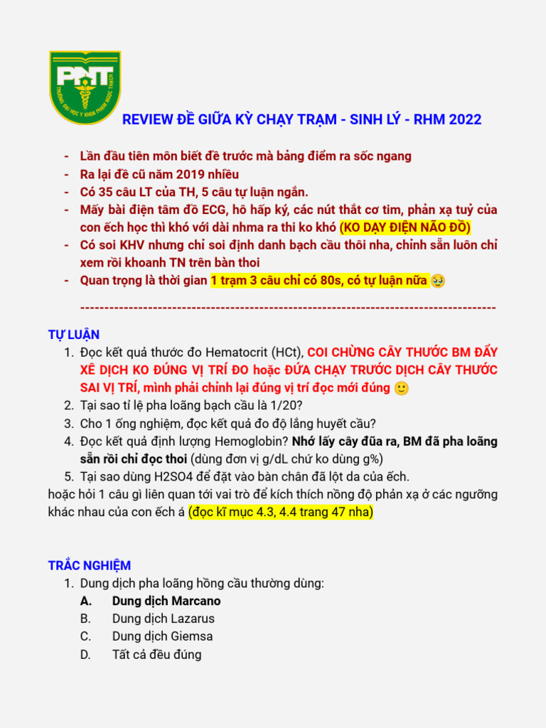 ĐỀ GK SINH LÝ R22 (LT + CHẠY TRẠM THỰC TẬP) | PDF