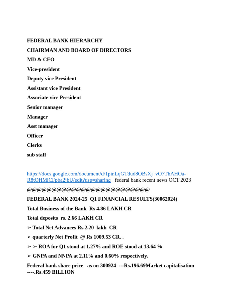 Federal Bank Hierarchy and Insights | PDF | Reserve Bank Of India | Banks