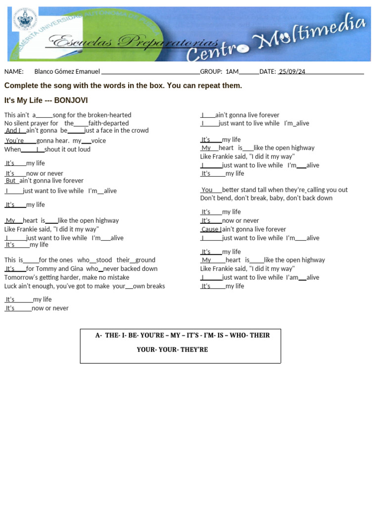 Practice Lab 1st Semester Song With Verb To Be | PDF
