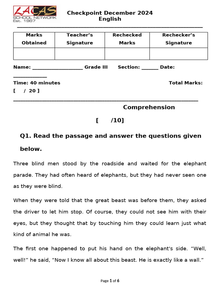 Grade 3 English Checkpoint Exam 2024 | PDF