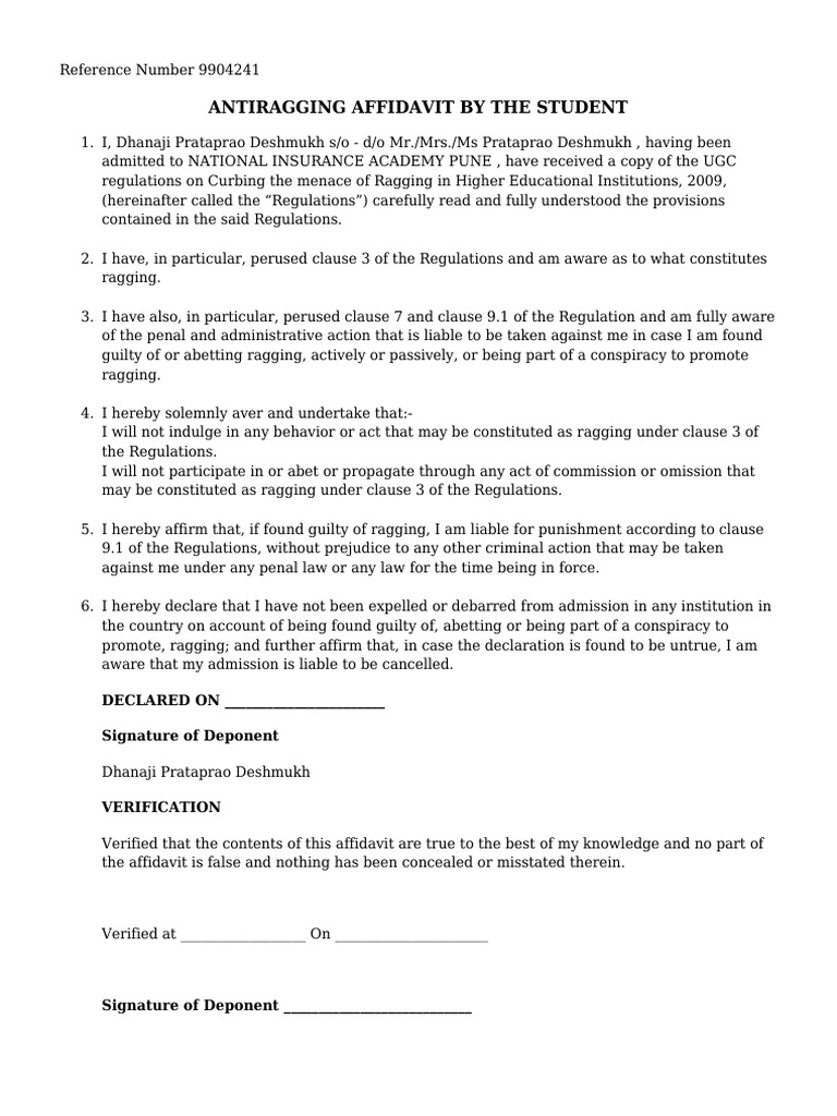 Anti Ragging Affidavit Form | PDF | Affidavit