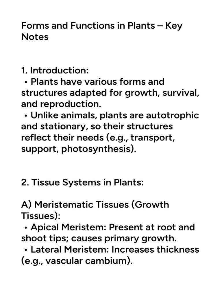 Plant Structures and Functions Explained | PDF | Tissue (Biology) | Root