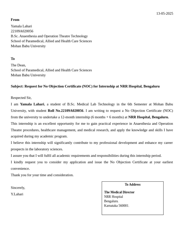 NOC Request for Internship at NRR Hospital | PDF