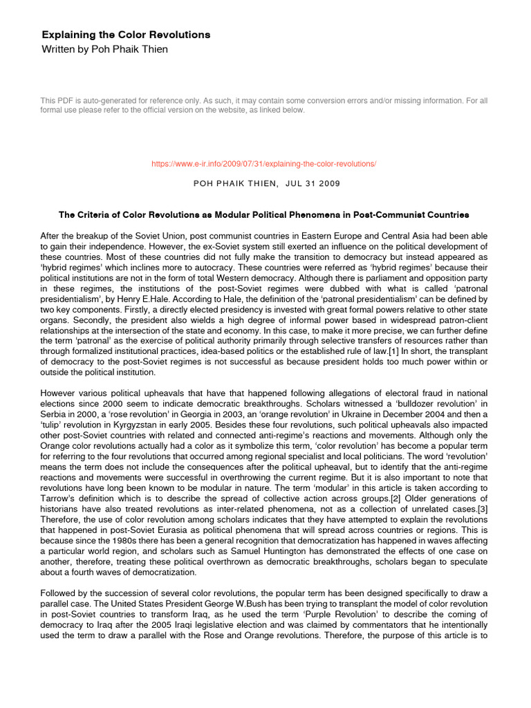 Explaining The Color Revolutions | PDF | Post Soviet States | Political ...