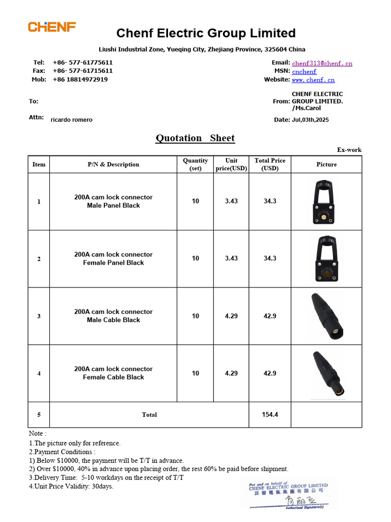 Chenf Electric Quotation Sheet | PDF