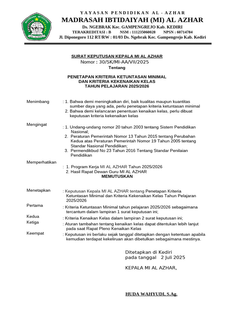 SK KKM Dan Kriteria Kenaikan Kelas 2025 | PDF