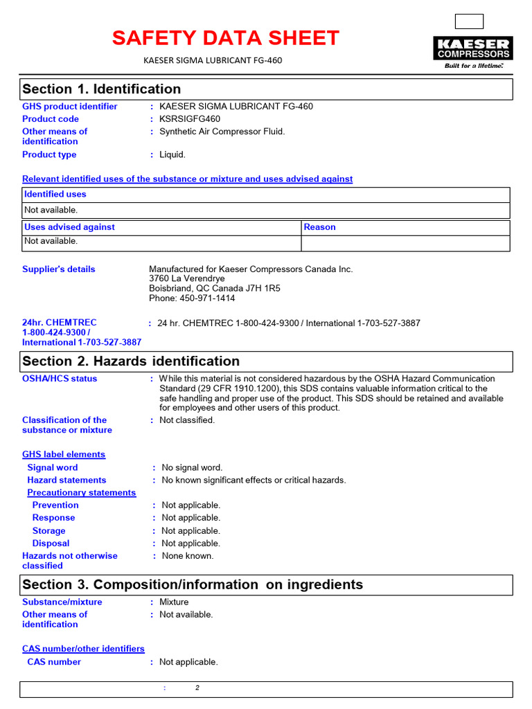 Kaeser Sigma Lubricant FG-460 SDS | PDF | Occupational Safety And ...
