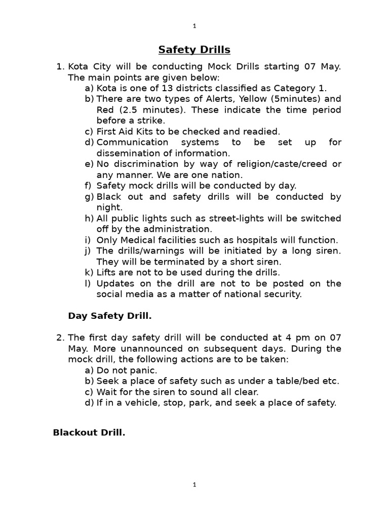 Safety Drill Brief 07 May 25 For Schools | PDF