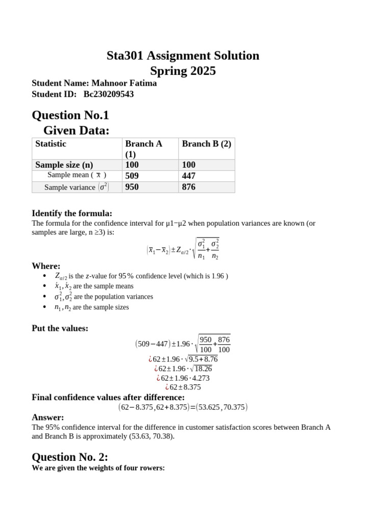 STA301 Assignment Solution | PDF | Sample Size Determination | Confidence Interval