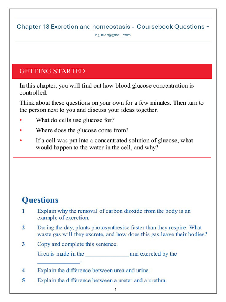 Chapter 13 Excretion and Homeostasis-Coursebook Questions | PDF ...