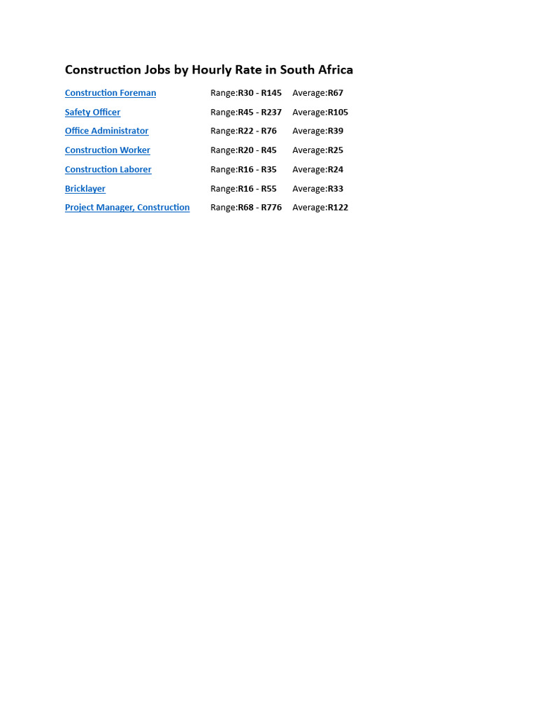 South Africa Construction Labor Rates 2025 | PDF
