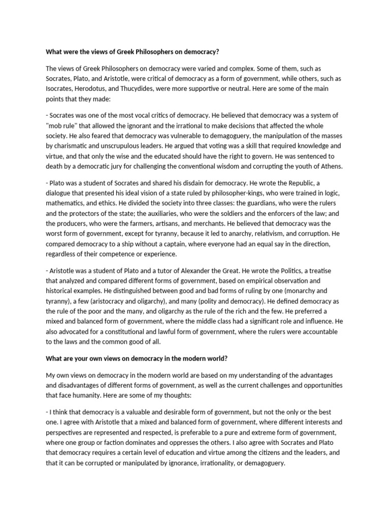 Greek Philosophers' Views on Democracy | PDF | Government | Democracy